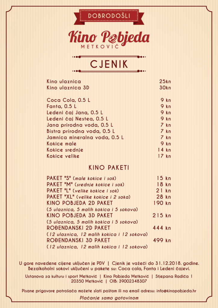Cjenik - Kino Pobjeda Metković